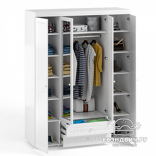 Шкаф 4х дверн 560 с ящ Duble Леон МДФ Белый Белое дерево Зеркало