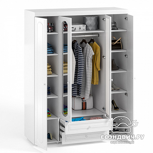 Шкаф 4х дверн 560 с ящ Duble Родос МДФ Белый Белое дерево Зеркало Vs АФ 63 Купить